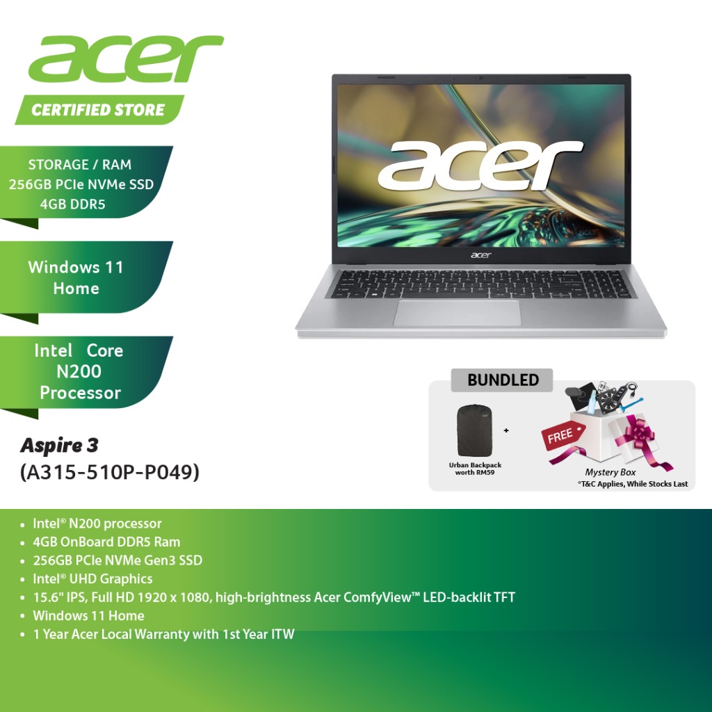 Acer Aspire 3 A315-510P-P049 15.6'' FHD Laptop Pure Silver ( N200, 4GB, 256GB SSD, Intel, W11 ...