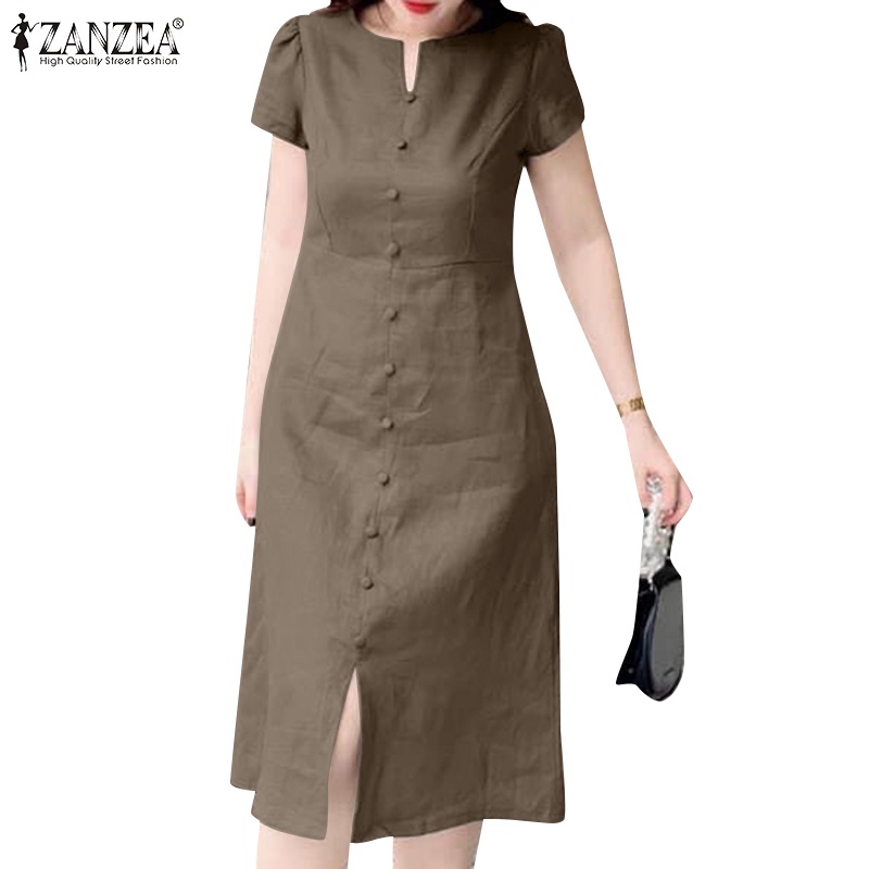 ZANZEA Women's Casual Round Neck Short Sleeve False Placket Slit Dress ...