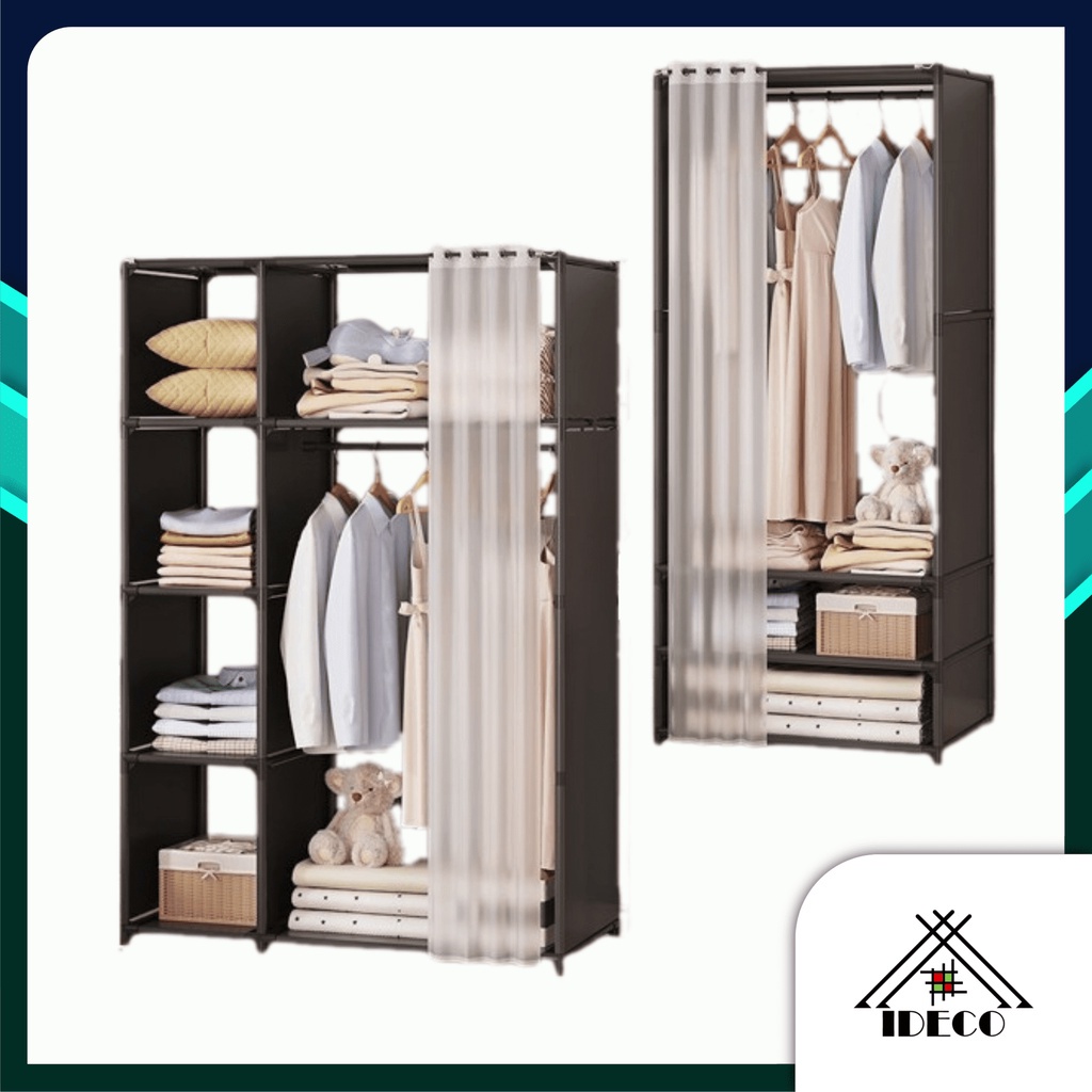 IDECO Wardrobe Cabinet Almari Rak DIY Clothes Organizer With Curtain ...