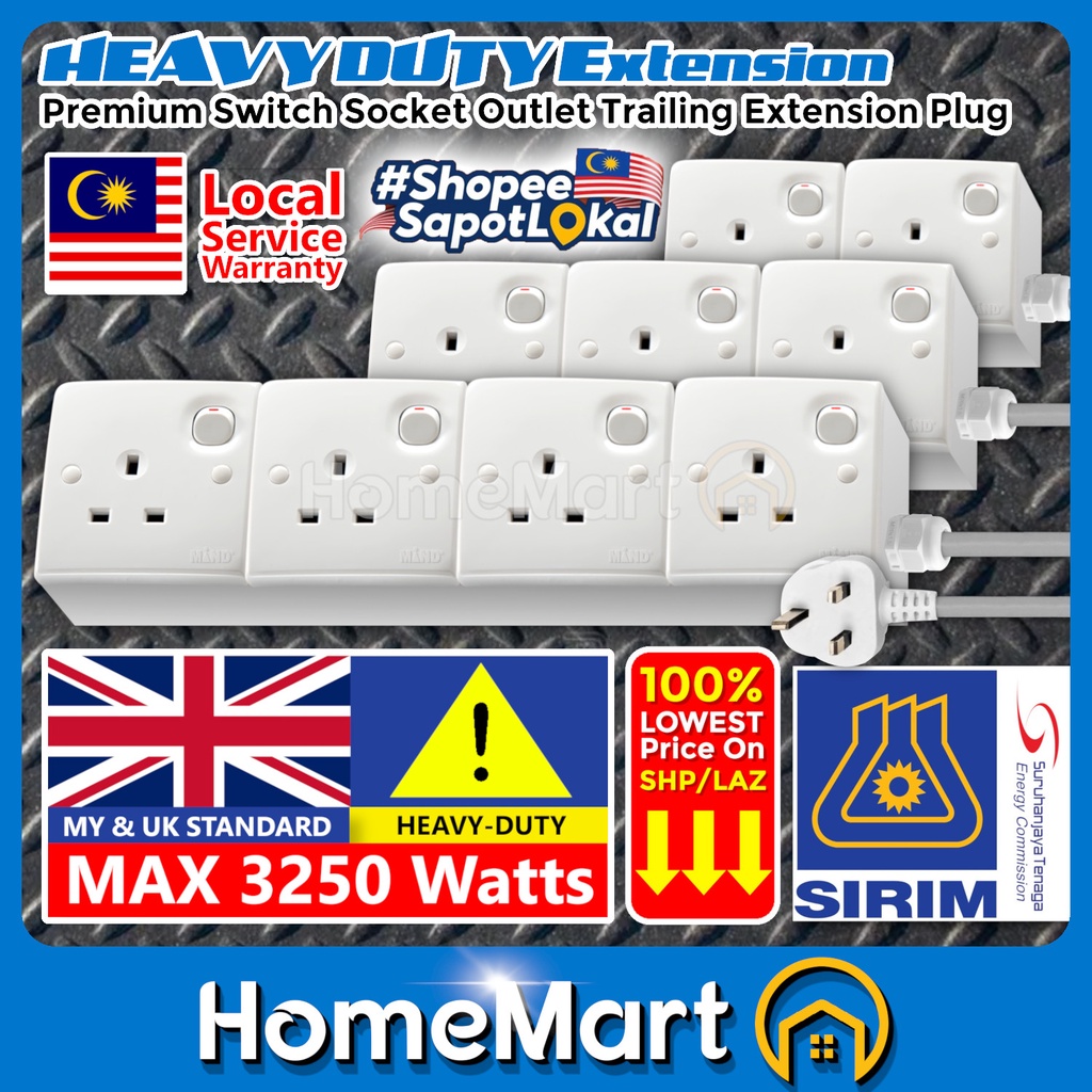 【sirim】heavy Duty Extension Wire Trailing Switch Socket Extension Plug Wire Leads Wayer