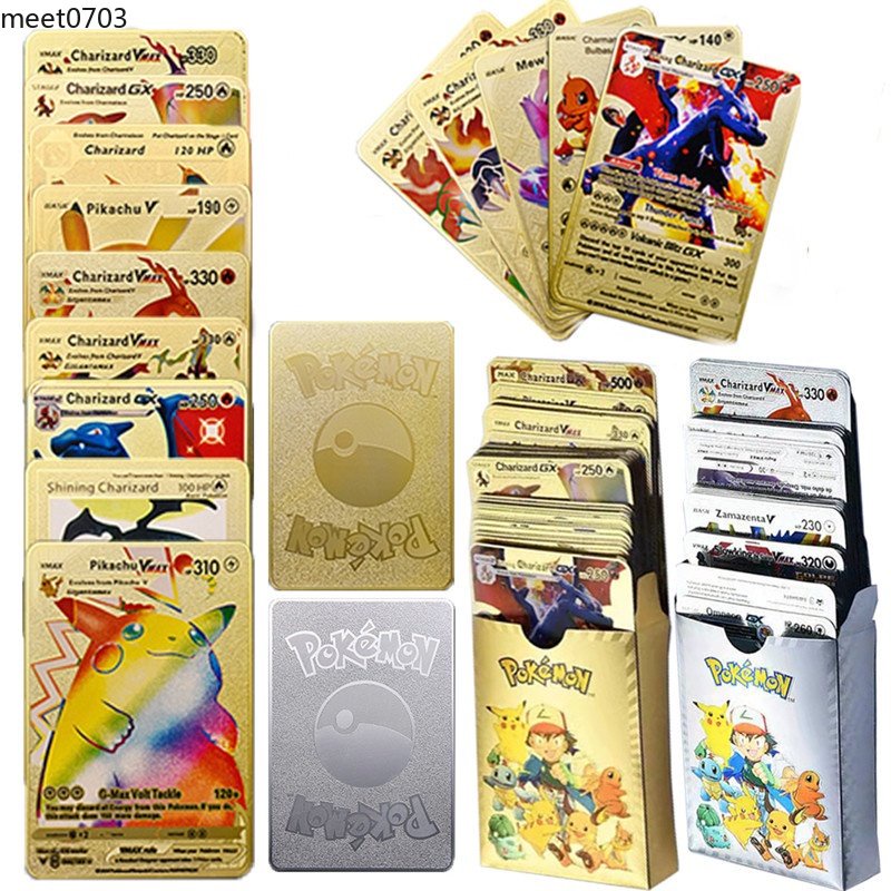 NEW 55PCS Metal Gold Silver Pokemon Cards English Version Charizard ...