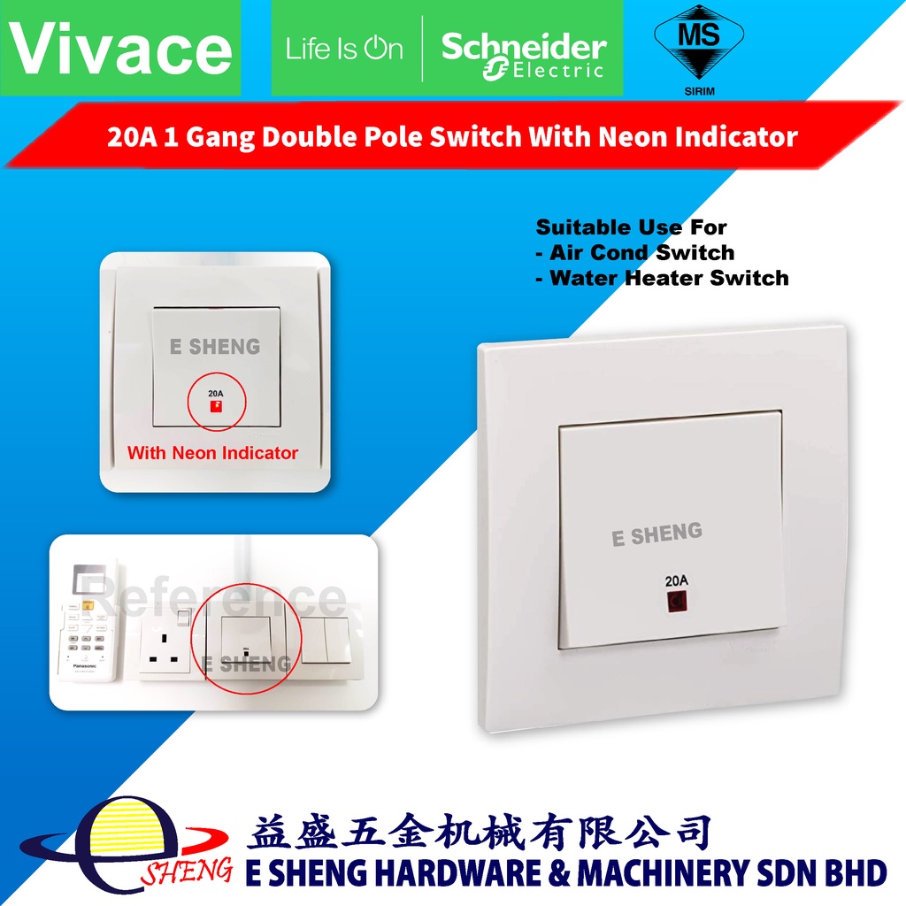 Schneider Vivace White 20A KB31 Double Pole Switch 1 Gang 1 Way Neon ...