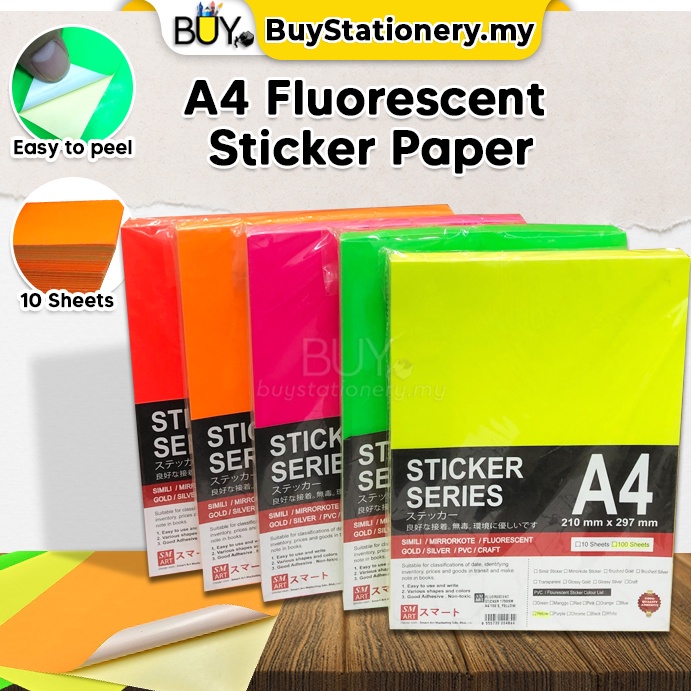 A4 Sticker Paper Colour Self Adhesive Fluorescent Stickers Label Marking 175gsm -(10s/Set ...