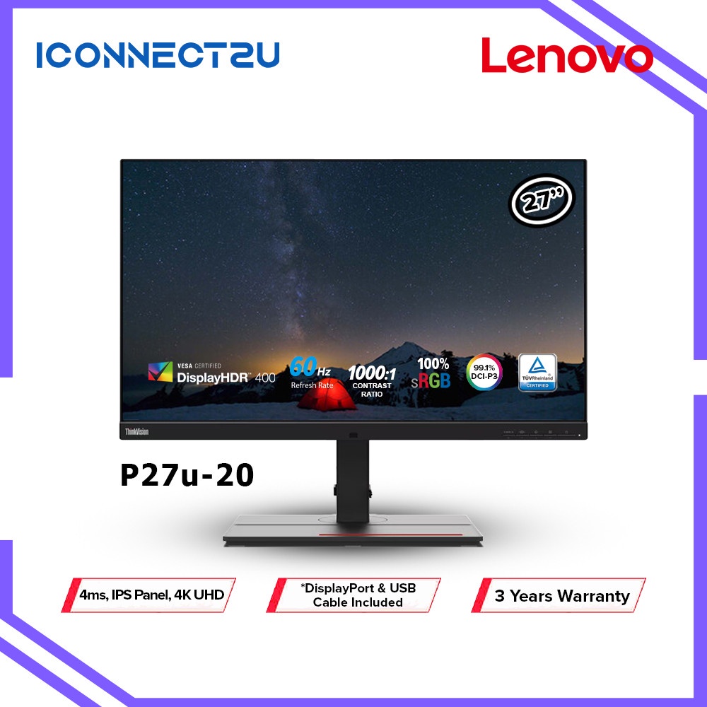 Lenovo 27" ThinkVision P27U-20 IPS 4K HDR400 60Hz 4ms Thunderbolt 4 ...