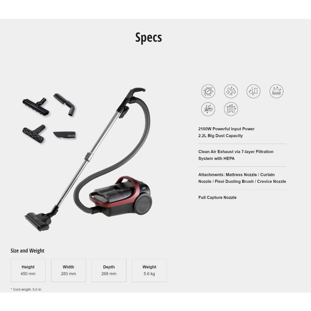 Panasonic MC-CL607RV47 Powerful 2100W Cyclone Bagless Canister Vacuum ...