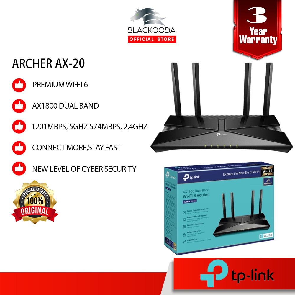 TP-LINK ARCHER AX20 AX1800 Dual Band Gigabit Wi-Fi 6 Router | Shopee ...