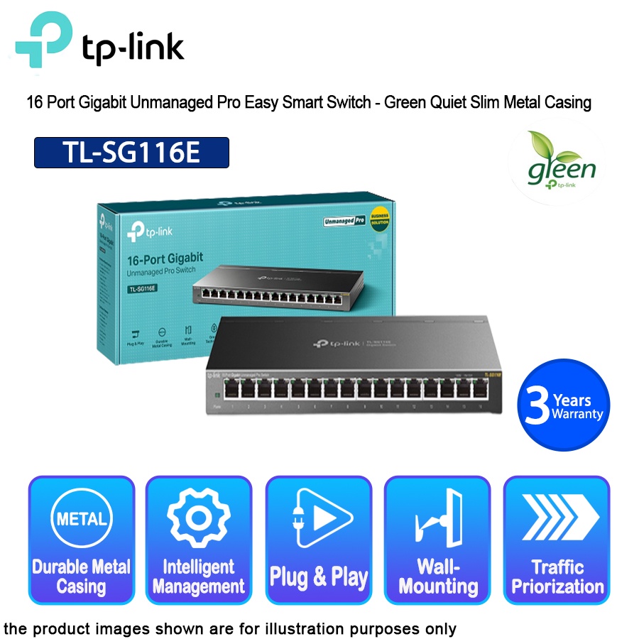 TP-Link TL-SG116E 16 Port Gigabit Unmanaged Pro Easy Smart Switch - Green Quiet Slim Metal ...