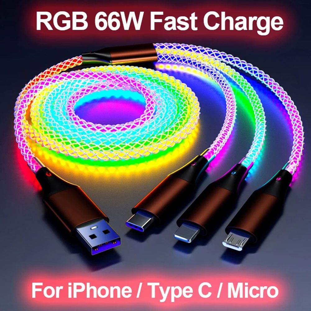 3 in 1 LED Magnetic Cable Glowing Light Cables Fast Charge Type C Micro ...
