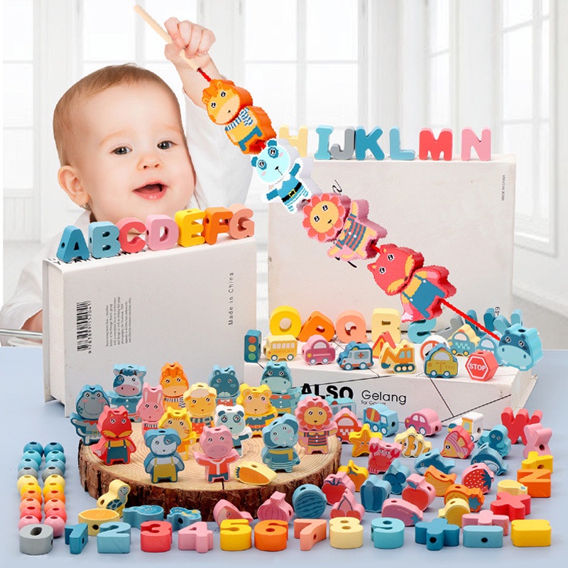 Baby Montessori Wooden Toys Cartoon Animal Number Block Stringing ...