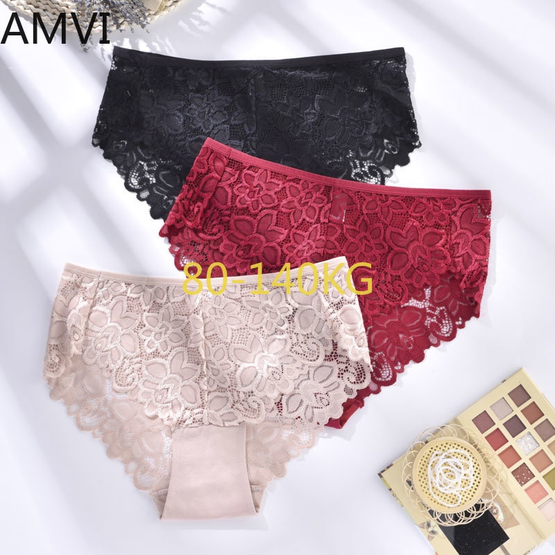 AMVI Plus Size Panty for Women Lace Panties 3 Colors Floral Underwear Female Lingerie Underpants ...