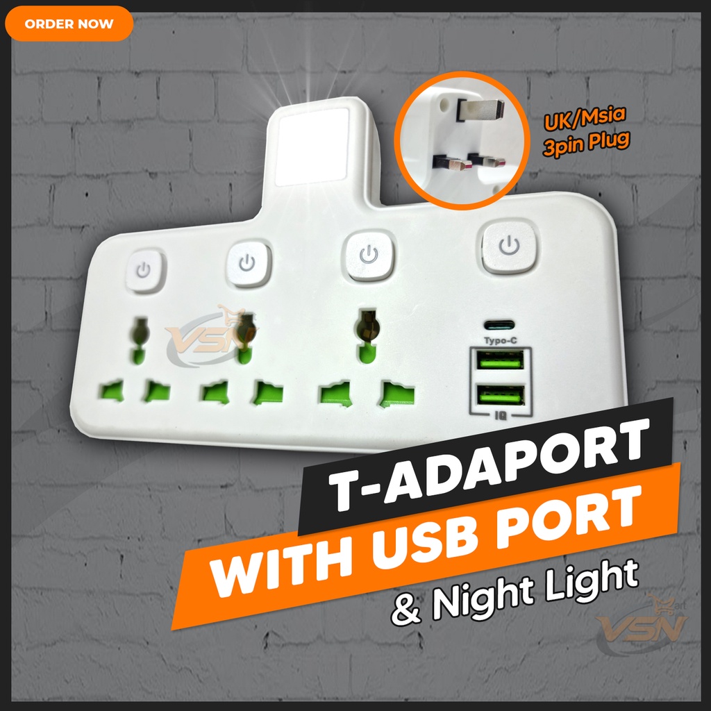 3 PIN T ADAPORT ADAPTOR ADAPTER SOCKET OUTLET TYPE C 2 USB PORT NIGHT ...