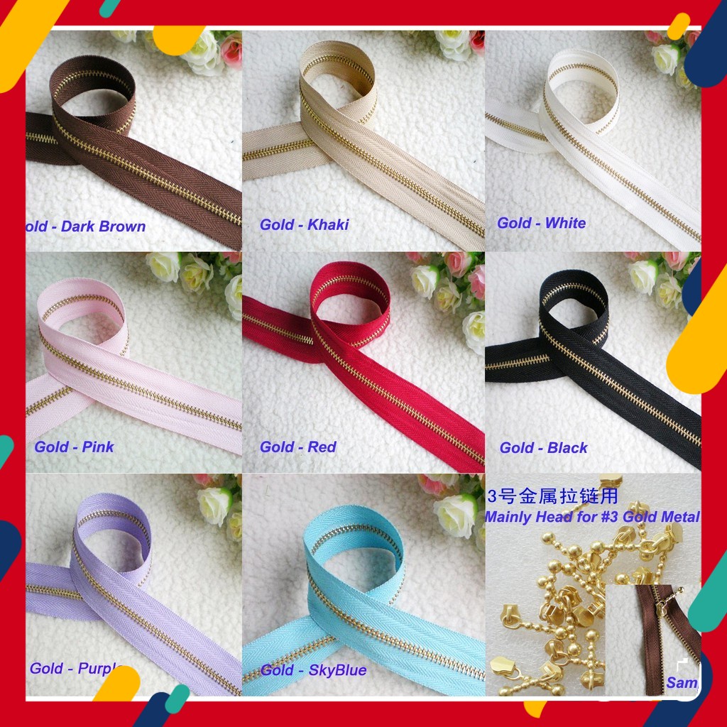 Size #3 METAL Zipper Metal Zip Besi by Yard (Gold Metal Teeth) *Zip ...