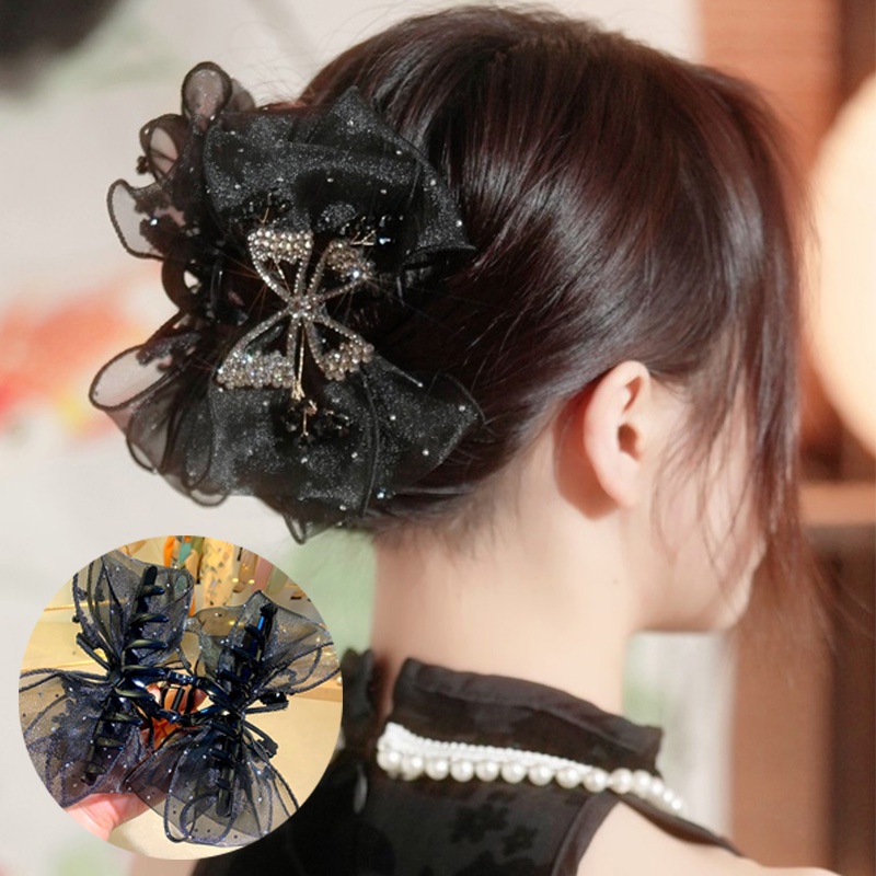 Korean Fashion Diamond Butterfly Hair Clip Black Bow Hairpin for Women ...