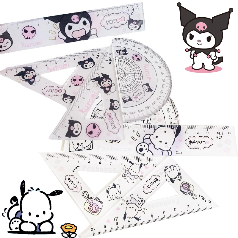 4 Pcs/Ruler Set Sanrioed Kuromi Pochacco Straight Ruler Protractor ...
