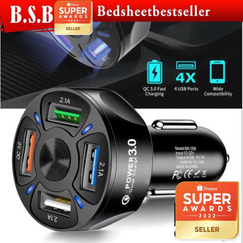 QC 3.0 LED 4USB Car Charger Fast Adapter, Portable Car Charger Multi 4 ...