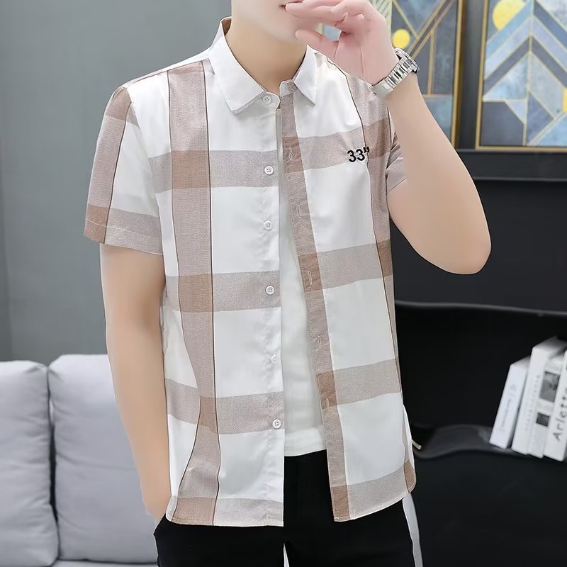 Mens Summer Korean Casual Loose Checkered Short Sleeve Button Shirt