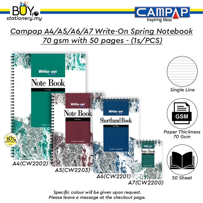 Campap A4 A5 A6 A7 Write On Spring Notebook 70gsm -(1s/PCS) Buku Nota ...