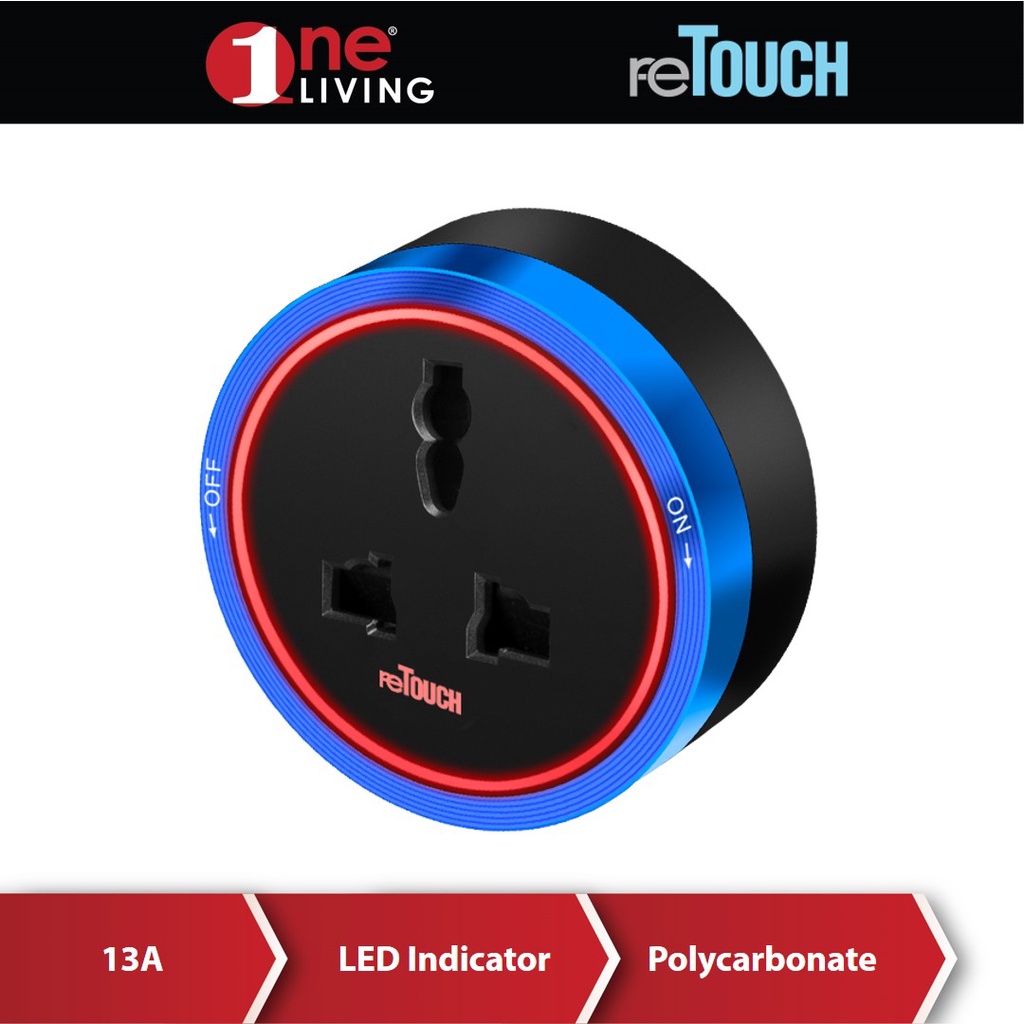 Retouch Switch 13A Universal Track Socket Adaptor C/W Blue-Red LED (TS ...