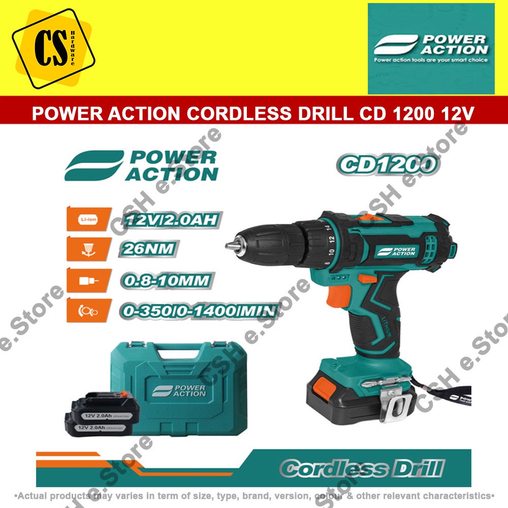 Power Action CD1200 Cordless Drill 12V WITH ( 2 BATTERY LI-ION) | Shopee Malaysia