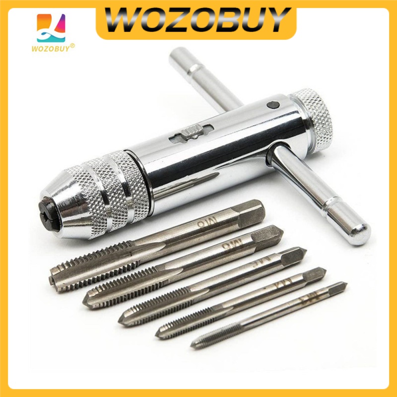 Adjustable Silver T-Handle Ratchet Tap Holder Wrench with 5pcs M3-M8 3mm-8mm Machine Screw ...