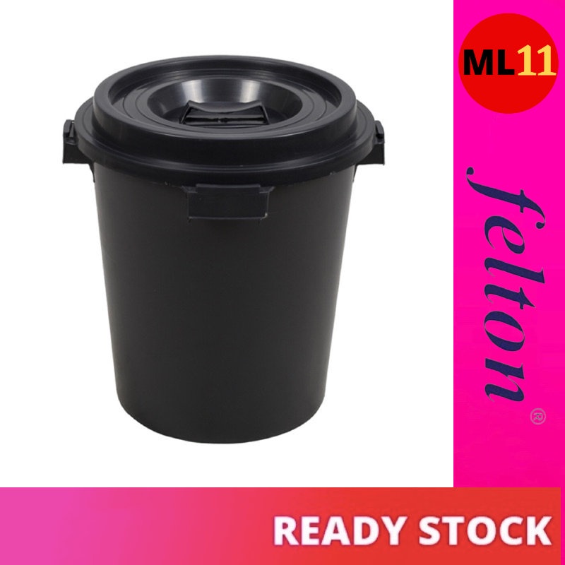 FELTON (12 Gallon) Tong Sampah Hitam / Plastic Garbage Dustbin With Cover / Black Dustbin Pail ...