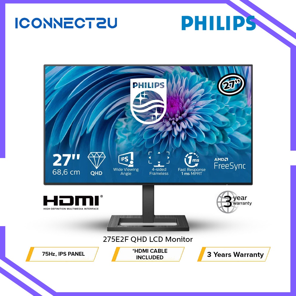 Philips 27" 275E2F IPS QHD 75Hz 1ms AMD Freesync Frameless Monitor ...