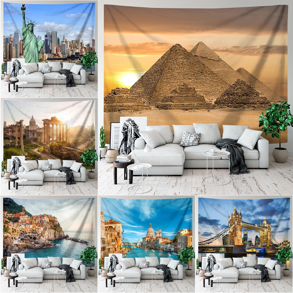 World Famous Architectural Landscape Wall Tapestry with Clips Polyester ...