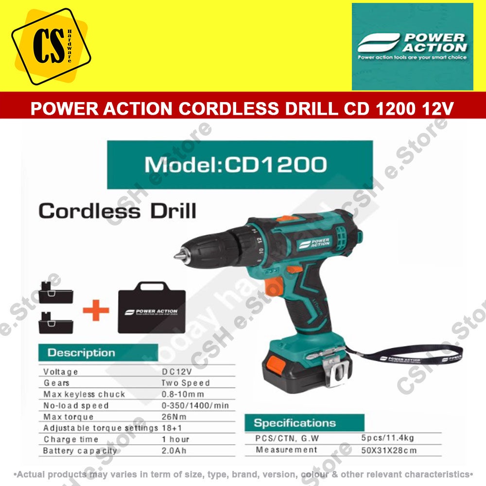 Power Action CD1200 Cordless Drill 12V WITH ( 2 BATTERY LI-ION ...
