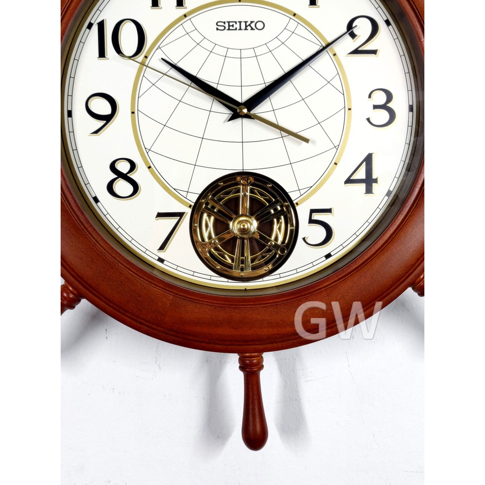 100% ORIGINAL SEIKO Maritime Ship Wheel Rotating Wooden Pendulum Wall ...