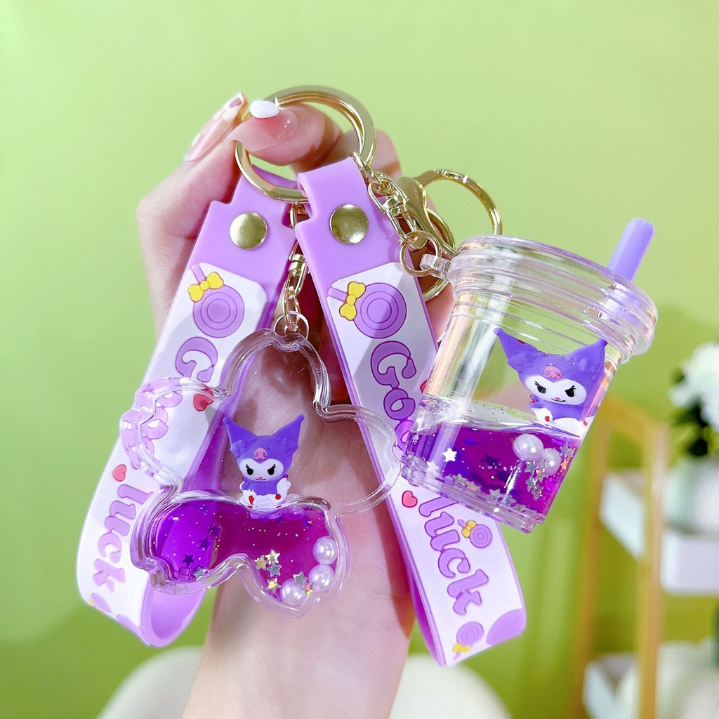 Creative Oil Kuromi Doll Keychain Acrylic Milk Tea Cup Flower Glitter ...