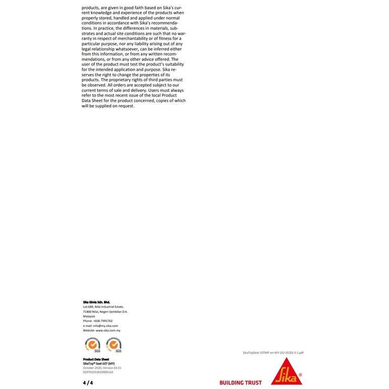 Sika Top Seal 107 Cement Based Waterproof System Seal Crack Anti ...