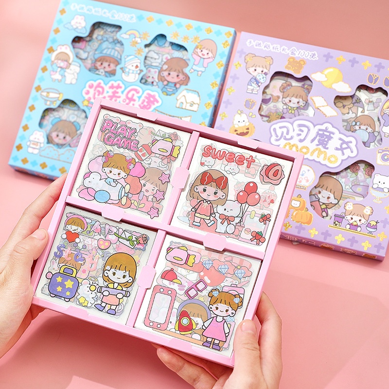 100 PCS/box Cute Girl Cartoon Sticker Tape Set no repeat pattern Clear ...