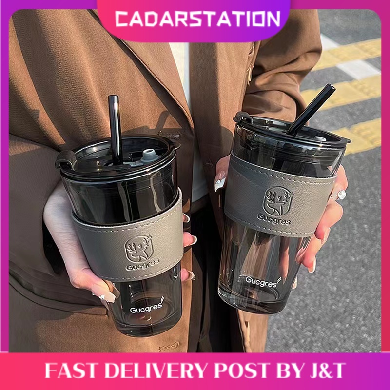 CS_ NEW 600ML Ins Glass Coffee Cup Glass Straw Cup Transparent Mug Coffee Glass Cup Cawan Coffee ...