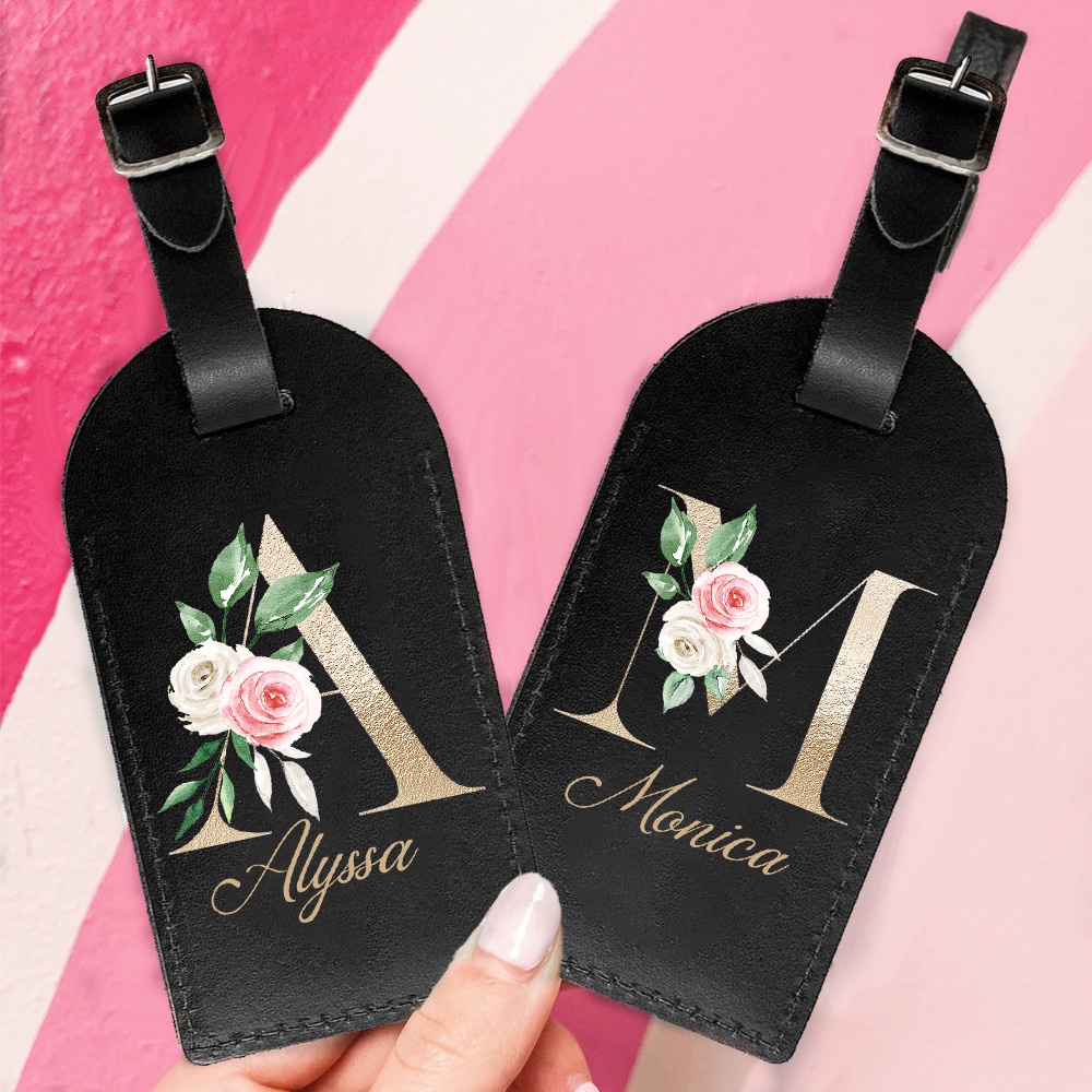 Personalised PU Leather Luggage Tag Initial with Name Suitcase Identifier Label Baggage Boarding ...