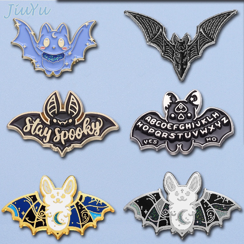 Funny Text Stay Spooky Bat Enamel Pins Anime Stitch Colorful Night ...
