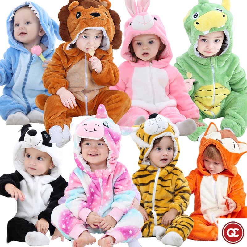 QC Cute Cartoon Flannel Kigurumi Baby Rompers Baby Boys Girls Animal ...