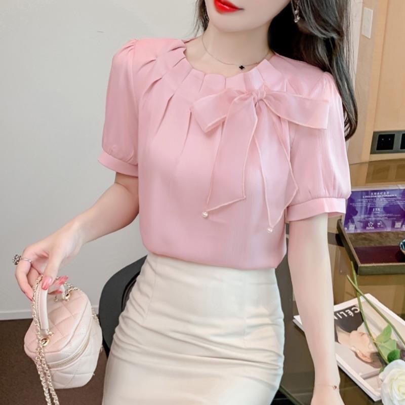 French Style Blouse for women Chic Short-Sleeved Chiffon Pull over Tops ...