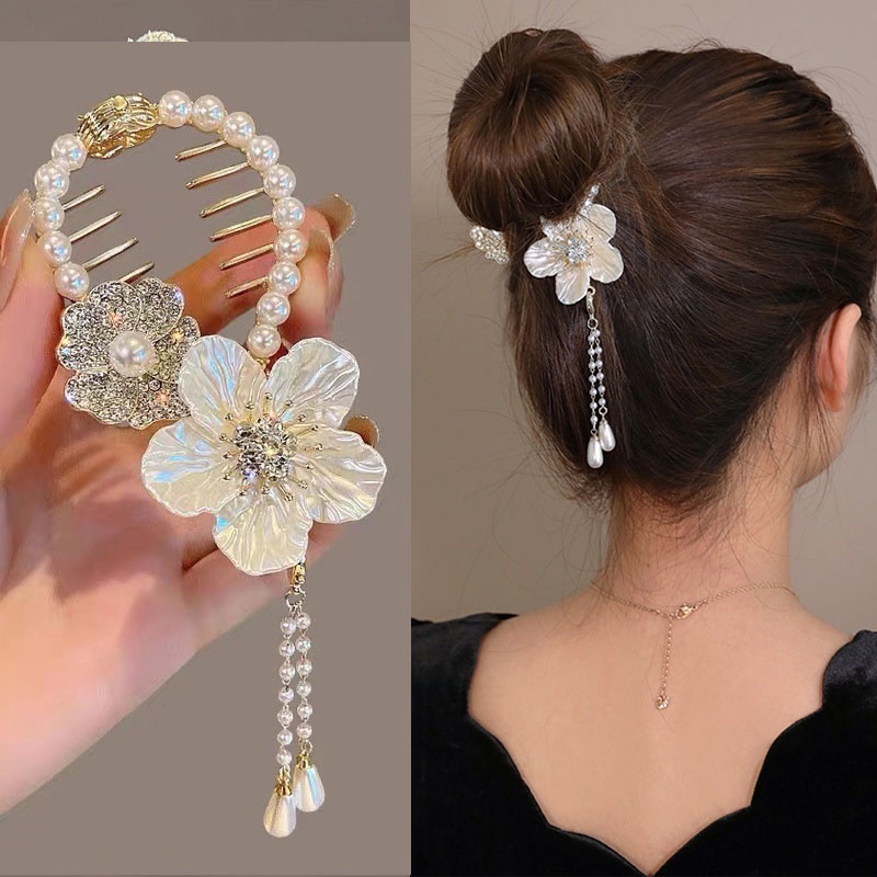 Pearl Butterfly Flower Tassel Hair Bun Buckle Hairpin Back Brain Spoon ...