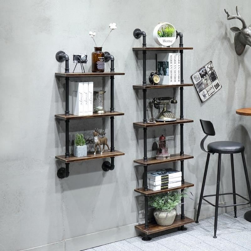Industrial Wind Pipe Wall Shelf Multi-Layer Solid Wood Living Room ...