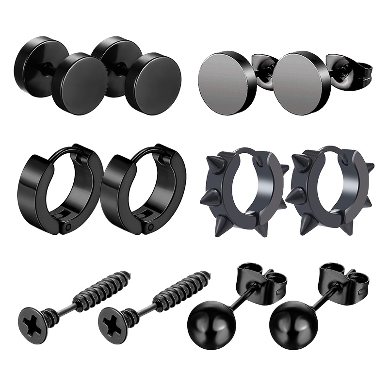 6 Pairs Black Unisex Earrings Set Stainless Steel Piercing Hoop ...