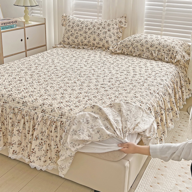 [CADAR]1 PC 100% Cotton Bed Skirt INS Style Floral Print Lace Ruffles ...