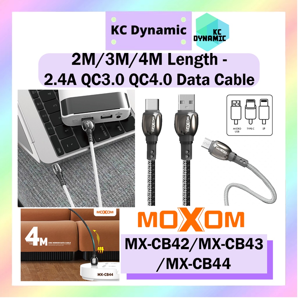 Moxom MX-CB42 MX-CB43 MX-CB44 2M / 3M / 4M Zinc Mirror QC4.0 QC3.0 2.4A Data Cable Charging ...