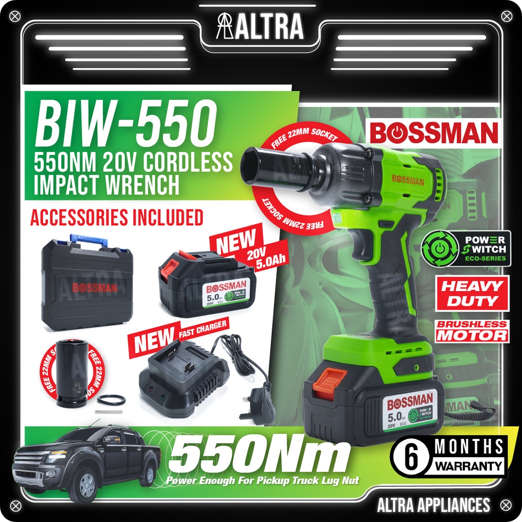 Bossman BIW550 1/2 Inch Heavy Duty 550Nm Cordless Impact Wrench c/w ...