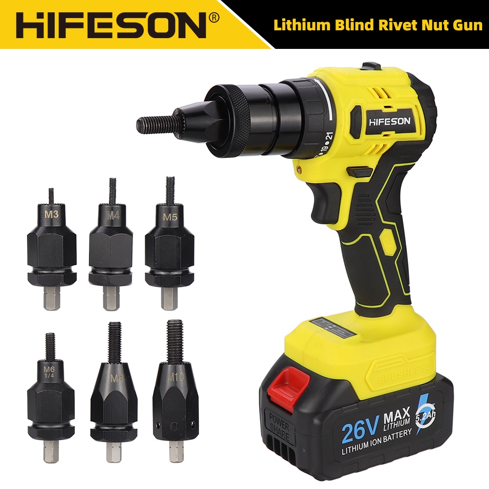 HIFESON Electric Rivet Nut Gun 26V Automatic Nut Puller 5.2Ah Brushless ...