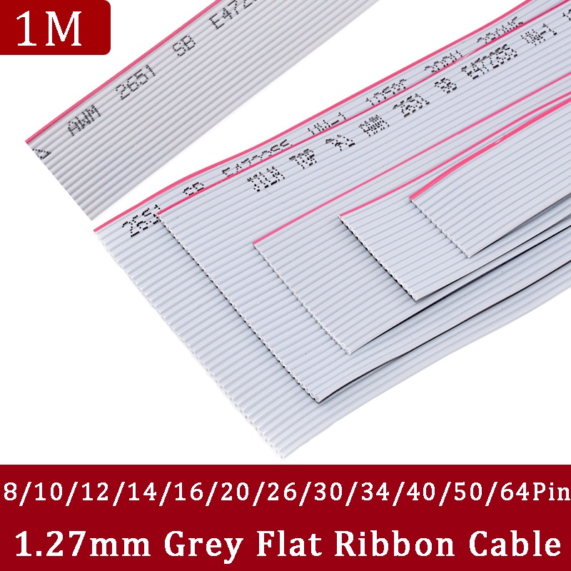 1M Pitch 1.27mm Grey Flat Ribbon Data Cable 8/10/20/40/50/64Pin 28AWG ...