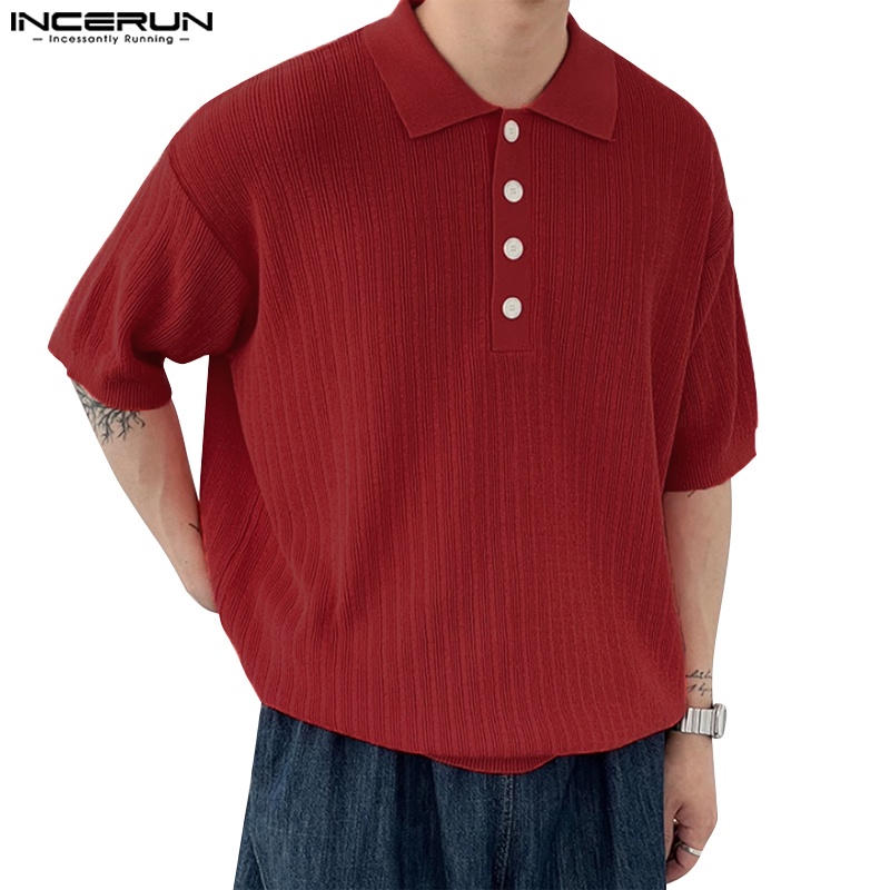 INCERUN Men Korean Turn-Down-Collar Short Sleeves Knitted Polo Shirts ...