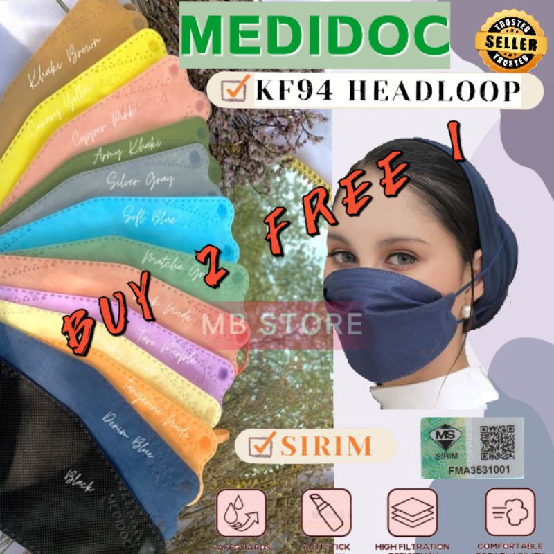 HEADLOOP KF94 MEDIDOC FACE MASK BLACK DOUBLE MELVON TEBAL NUDE FULL COLOUR PINK MATCHA HIJAB ...