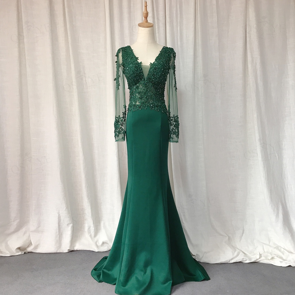 QSYYE Green Lace Prom Dresses Long Sleeves Elastic Mermaid Women Formal Party Gown Beaded ...