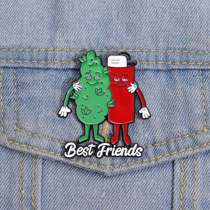 Best Friends Enamel Pins Cartoon Tobacco Leaf Lighter Brooch Badges Lapel Pin Funny Jewelry Gift ...