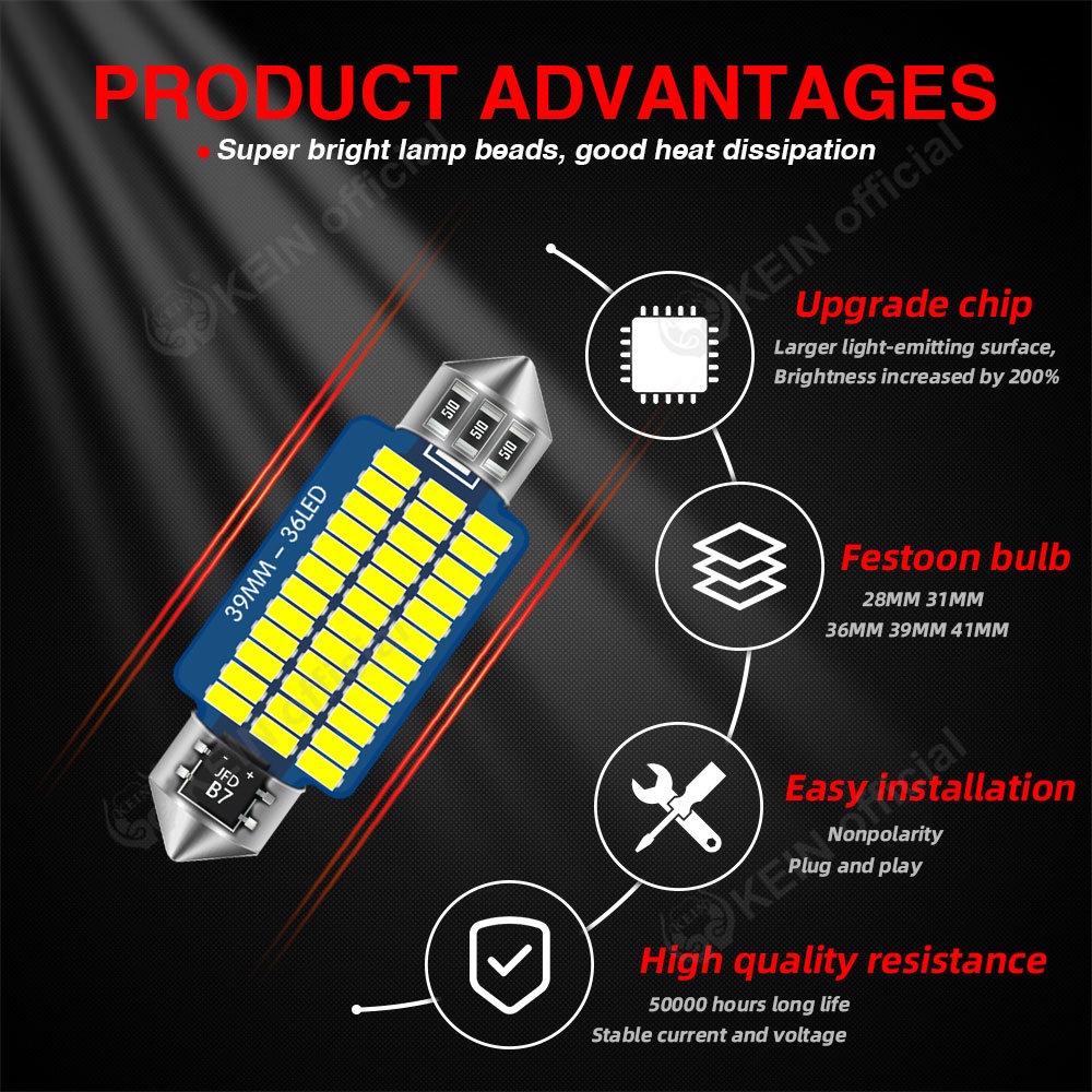 KEIN 2PCS Car Ceiling Light T10 Led W5W BA9S T4W Festoon 28mm 31mm 36mm 39mm 41mm C5W C10W C3W ...